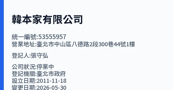 韓本家有限公司的照片-統編 53555957(臺北市) 公司登記資料與營業項目詳細圖表
