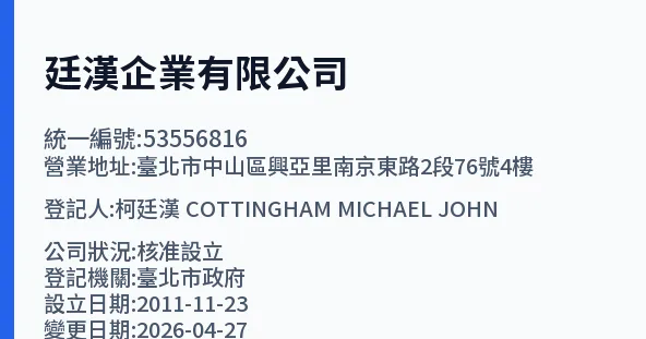 廷漢企業有限公司的照片-統編 53556816(臺北市) 公司登記資料與營業項目詳細圖表