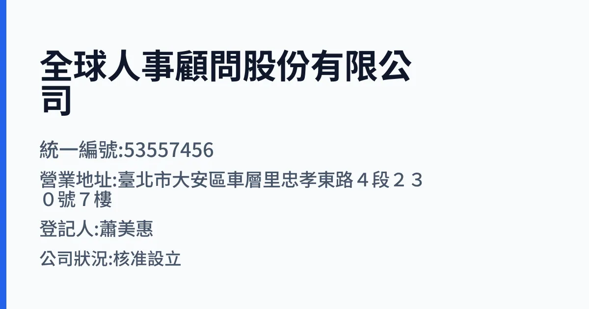 全球人事顧問股份有限公司 - 統編 53557456(臺北市) 公司登記資料與營業項目詳細圖表