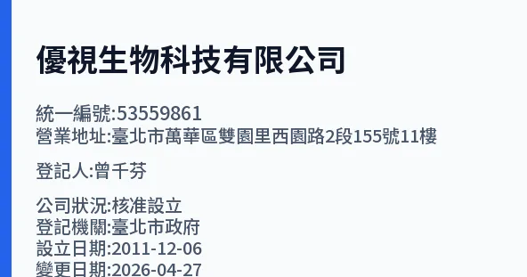 優視生物科技有限公司的照片-統編 53559861(臺北市) 公司登記資料與營業項目詳細圖表