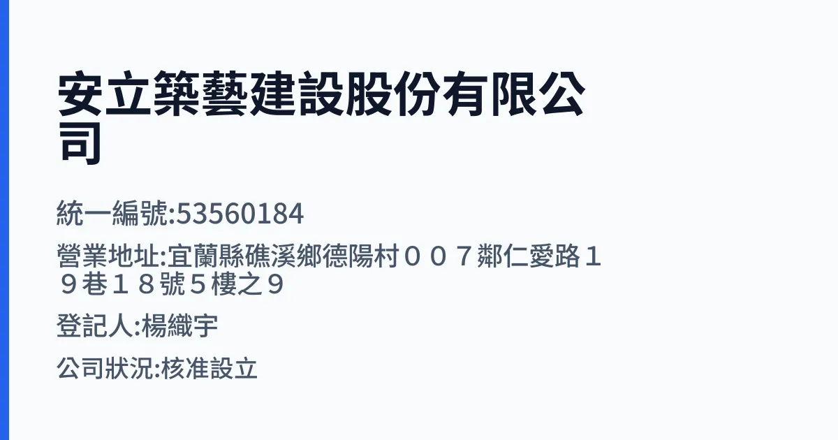 安立築藝建設股份有限公司 - 統編 53560184(宜蘭縣) 公司登記資料與營業項目詳細圖表