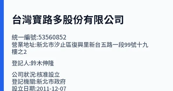 台灣寶路多股份有限公司的照片-統編 53560852(新北市) 公司登記資料與營業項目詳細圖表