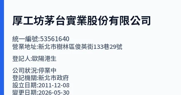 厚工坊茅台實業股份有限公司的照片-統編 53561640(新北市) 公司登記資料與營業項目詳細圖表