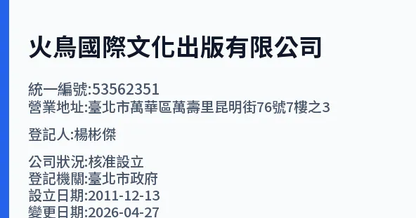 火鳥國際文化出版有限公司的照片-統編 53562351(臺北市) 公司登記資料與營業項目詳細圖表