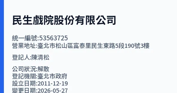 民生戲院股份有限公司的照片-統編 53563725(臺北市) 公司登記資料與營業項目詳細圖表