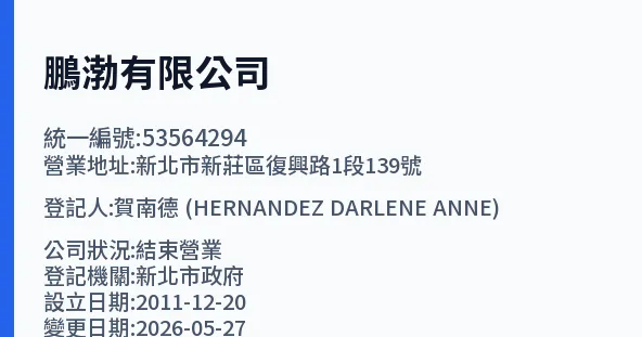 鵬渤有限公司的照片-統編 53564294(新北市) 公司登記資料與營業項目詳細圖表