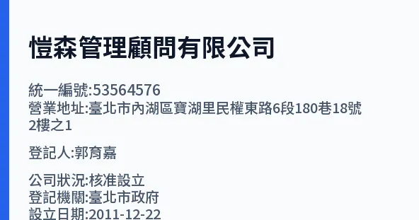 愷森管理顧問有限公司的照片-統編 53564576(臺北市) 公司登記資料與營業項目詳細圖表