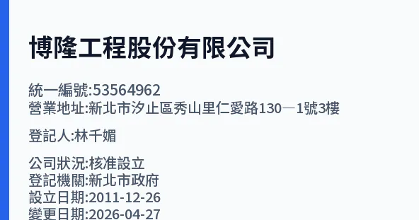 博隆工程股份有限公司的照片-統編 53564962(新北市) 公司登記資料與營業項目詳細圖表