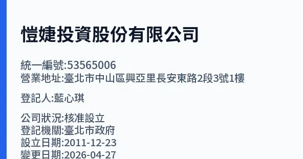 愷婕投資股份有限公司的照片-統編 53565006(臺北市) 公司登記資料與營業項目詳細圖表