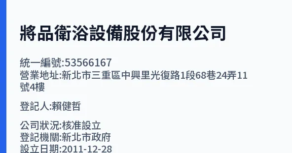 將品衛浴設備股份有限公司的照片-統編 53566167(新北市) 公司登記資料與營業項目詳細圖表