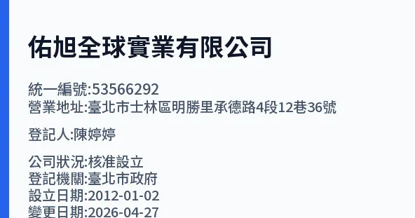 佑旭全球實業有限公司的照片-統編 53566292(臺北市) 公司登記資料與營業項目詳細圖表
