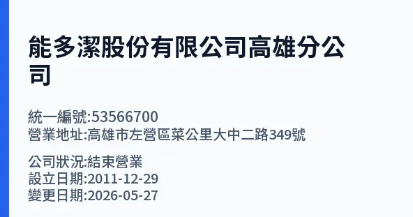 能多潔股份有限公司高雄分公司的照片-統編 53566700(高雄市) 公司登記資料與營業項目詳細圖表