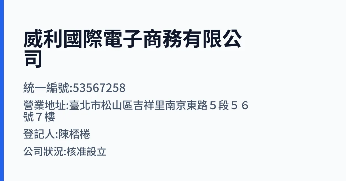 威利國際電子商務有限公司 - 統編 53567258(臺北市) 公司登記資料與營業項目詳細圖表