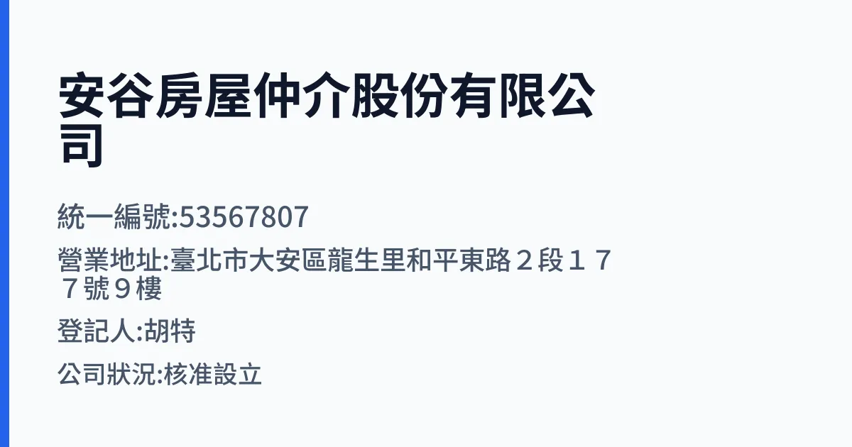 安谷房屋仲介股份有限公司 - 統編 53567807(臺北市) 公司登記資料與營業項目詳細圖表