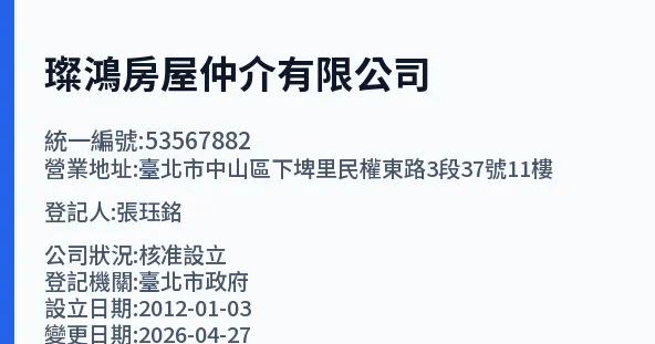 璨鴻房屋仲介有限公司的照片-統編 53567882(臺北市) 公司登記資料與營業項目詳細圖表