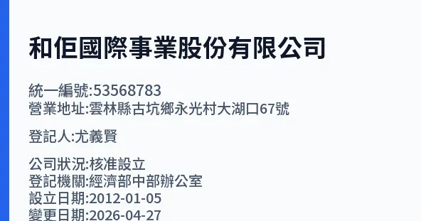和佢國際事業股份有限公司的照片-統編 53568783(雲林縣) 公司登記資料與營業項目詳細圖表