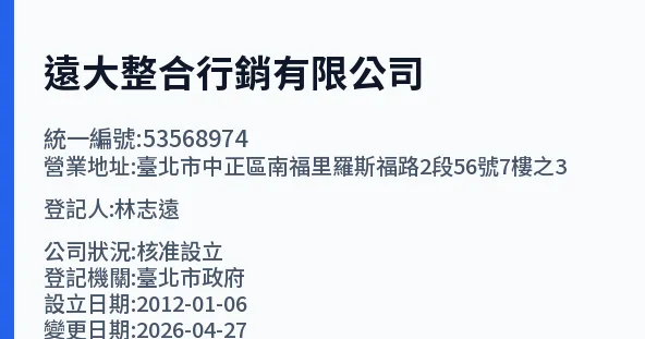 遠大整合行銷有限公司的照片-統編 53568974(臺北市) 公司登記資料與營業項目詳細圖表