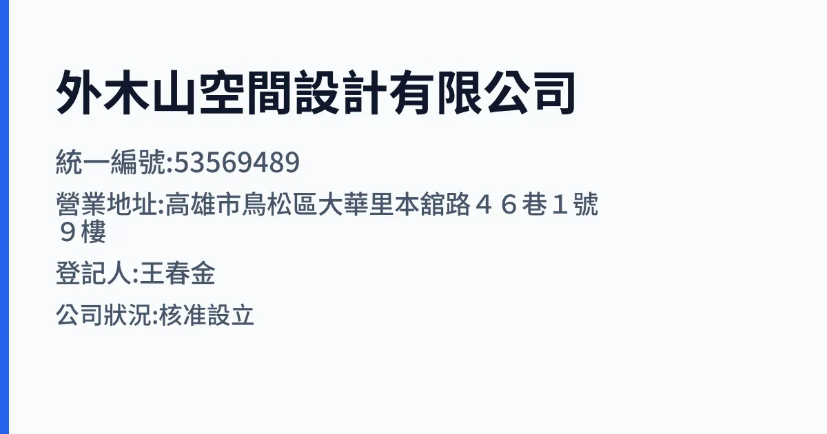 外木山空間設計有限公司 - 統編 53569489(高雄市) 公司登記資料與營業項目詳細圖表
