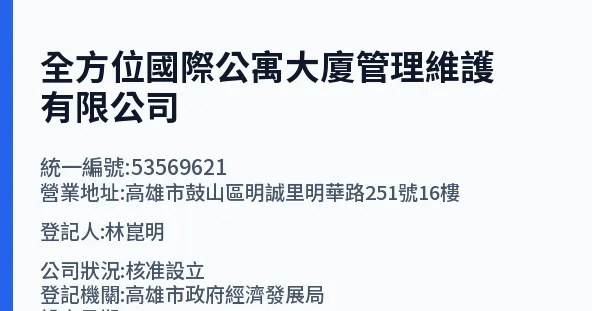 全方位國際公寓大廈管理維護有限公司的照片-統編 53569621(高雄市) 公司登記資料與營業項目詳細圖表