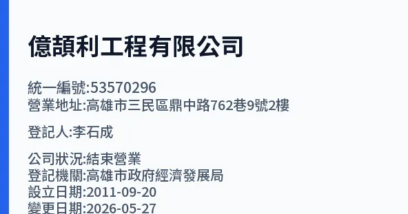 億頡利工程有限公司的照片-統編 53570296(高雄市) 公司登記資料與營業項目詳細圖表