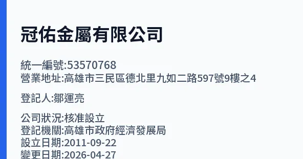 冠佑金屬有限公司的照片-統編 53570768(高雄市) 公司登記資料與營業項目詳細圖表