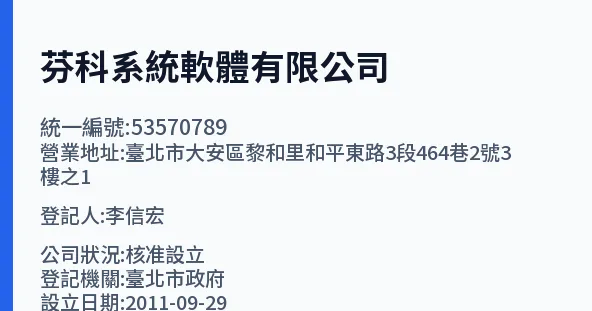 芬科系統軟體有限公司的照片-統編 53570789(臺北市) 公司登記資料與營業項目詳細圖表