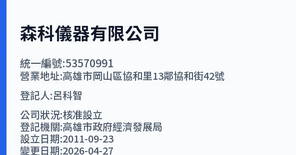 森科儀器有限公司的照片-統編 53570991(高雄市) 公司登記資料與營業項目詳細圖表