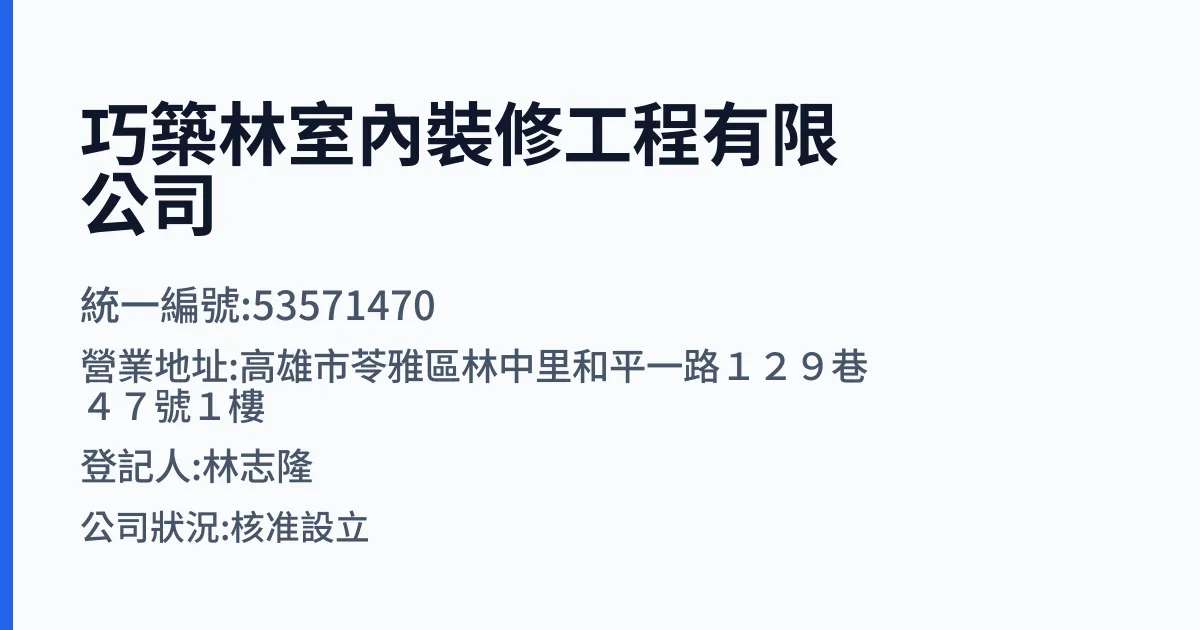 巧築林室內裝修工程有限公司 - 統編 53571470(高雄市) 公司登記資料與營業項目詳細圖表