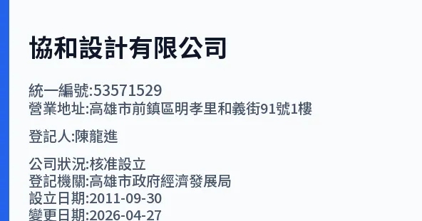 協和設計有限公司的照片-統編 53571529(高雄市) 公司登記資料與營業項目詳細圖表
