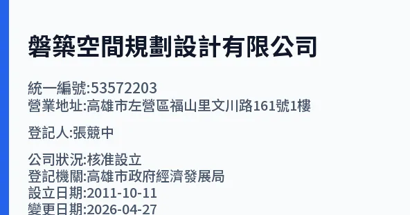 磐築空間規劃設計有限公司的照片-統編 53572203(高雄市) 公司登記資料與營業項目詳細圖表