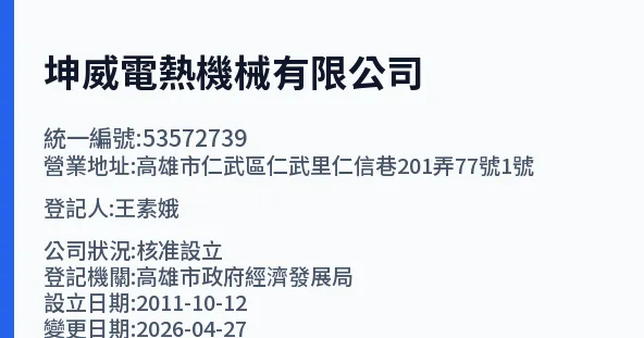 坤威電熱機械有限公司的照片-統編 53572739(高雄市) 公司登記資料與營業項目詳細圖表