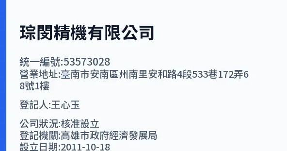 琮閔精機有限公司的照片-統編 53573028(臺南市) 公司登記資料與營業項目詳細圖表