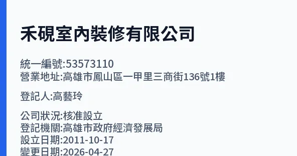 禾硯室內裝修有限公司的照片-統編 53573110(高雄市) 公司登記資料與營業項目詳細圖表