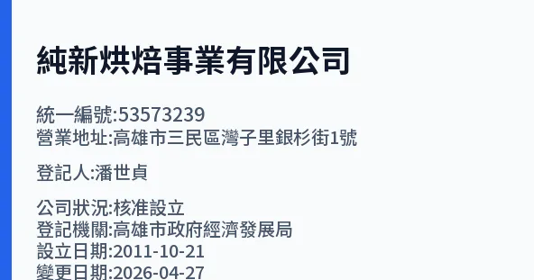 純新烘焙事業有限公司的照片-統編 53573239(高雄市) 公司登記資料與營業項目詳細圖表