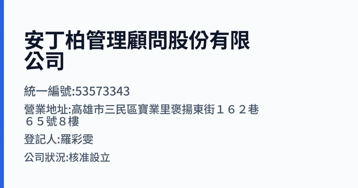 安丁柏管理顧問股份有限公司 - 統編 53573343(高雄市) 公司登記資料與營業項目詳細圖表