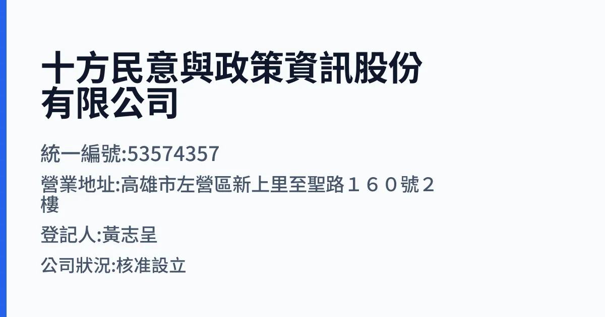 十方民意與政策資訊股份有限公司 - 統編 53574357(高雄市) 公司登記資料與營業項目詳細圖表