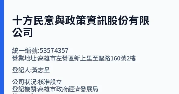 十方民意與政策資訊股份有限公司的照片-統編 53574357(高雄市) 公司登記資料與營業項目詳細圖表