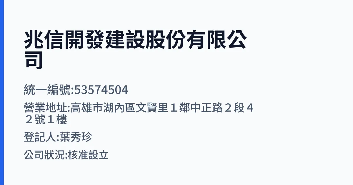 兆信開發建設股份有限公司 - 統編 53574504（高雄市） 公司登記資料與營業項目詳細圖表
