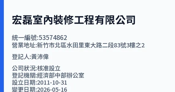 宏磊室內裝修工程有限公司的照片-統編 53574862(新竹市) 公司登記資料與營業項目詳細圖表
