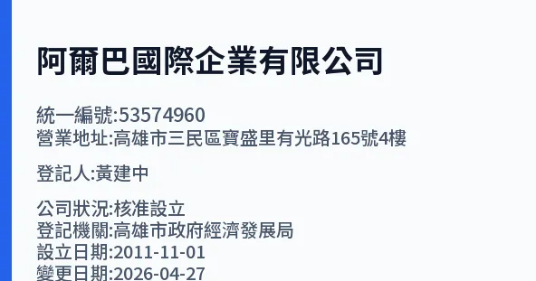 阿爾巴國際企業有限公司的照片-統編 53574960(高雄市) 公司登記資料與營業項目詳細圖表