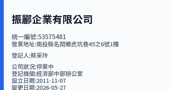 振酈企業有限公司的照片-統編 53575481(南投縣) 公司登記資料與營業項目詳細圖表