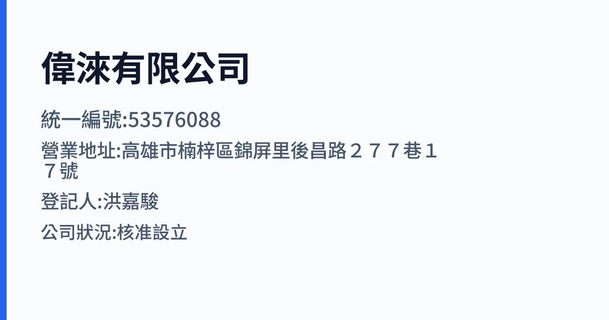 偉淶有限公司 - 統編 53576088(高雄市) 公司登記資料與營業項目詳細圖表