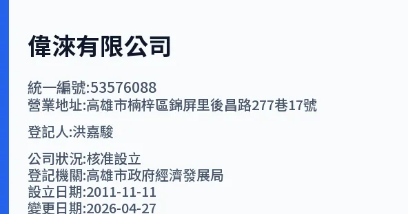 偉淶有限公司的照片-統編 53576088(高雄市) 公司登記資料與營業項目詳細圖表