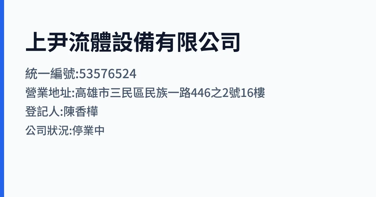 上尹流體設備有限公司 - 統編 53576524(高雄市) 公司登記資料與營業項目詳細圖表
