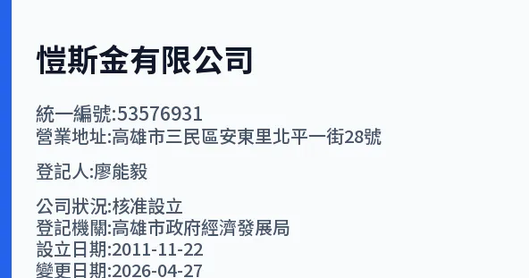 愷斯金有限公司的照片-統編 53576931(高雄市) 公司登記資料與營業項目詳細圖表