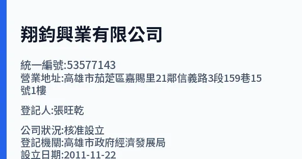 翔鈞興業有限公司的照片-統編 53577143(高雄市) 公司登記資料與營業項目詳細圖表