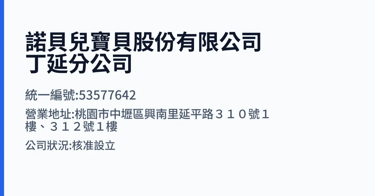 諾貝兒寶貝股份有限公司丁延分公司 - 統編 53577642(桃園市) 公司登記資料與營業項目詳細圖表