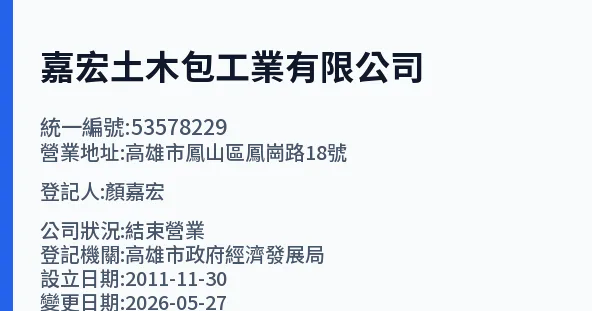 嘉宏土木包工業有限公司的照片-統編 53578229(高雄市) 公司登記資料與營業項目詳細圖表