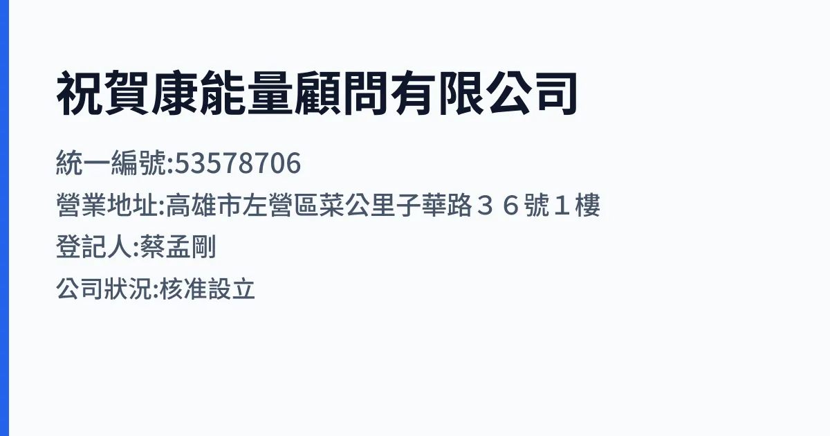 祝賀康能量顧問有限公司 - 統編 53578706(高雄市) 公司登記資料與營業項目詳細圖表