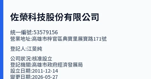 佐榮科技股份有限公司的照片-統編 53579156(高雄市) 公司登記資料與營業項目詳細圖表